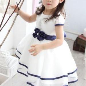 White Princess Dress For Little Girls With White Ribbon Belt on Luulla