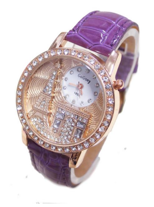 Purple Luxury Rhinestone-studded Iron Tower Leather Ladies Watch-quartz ...